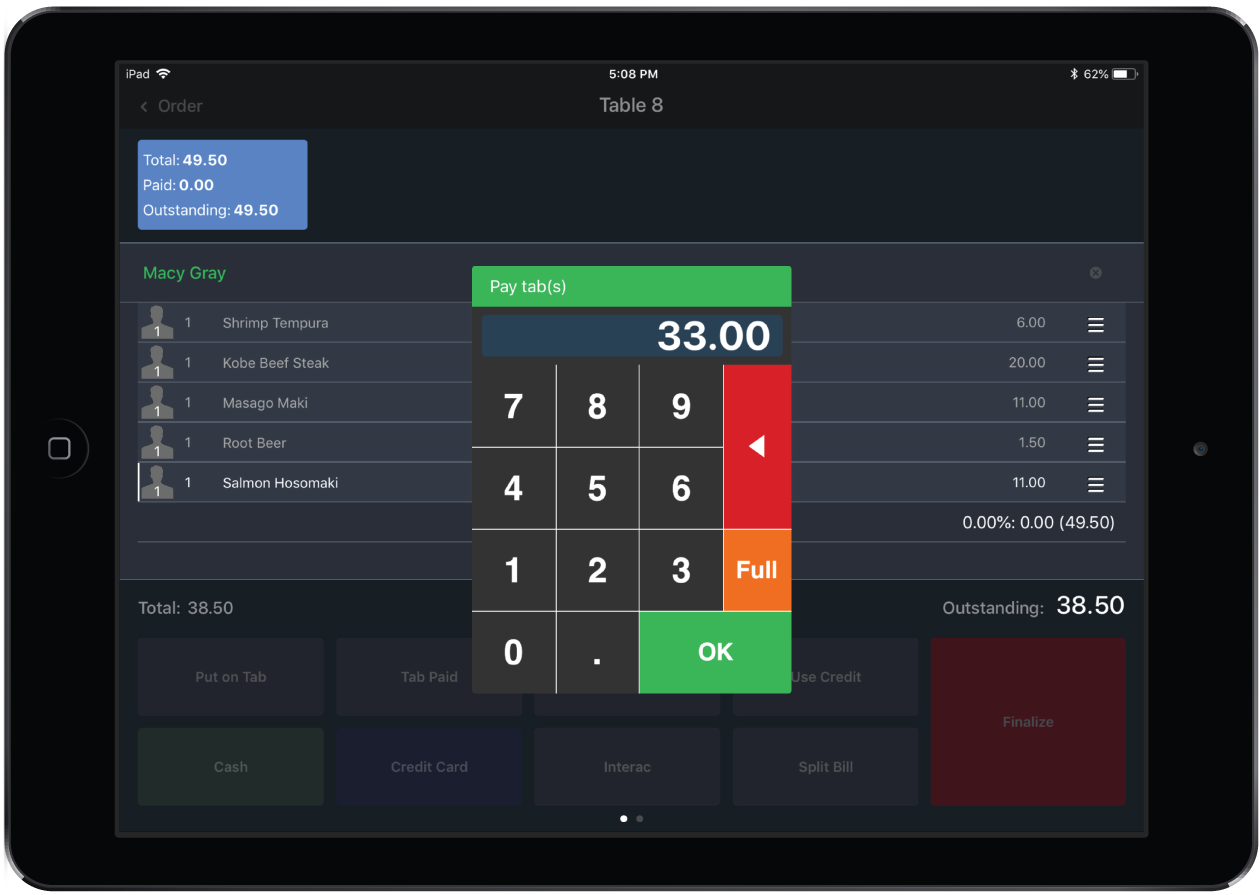 Taking payments for customer tabs – Lightspeed Restaurant